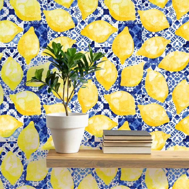 Lemon Mediterranean Tile Blue Yellow Watercolor Wallpaper | Zazzle