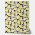 Lemon Mediterranean Tile Blue Yellow Watercolor Wallpaper | Zazzle