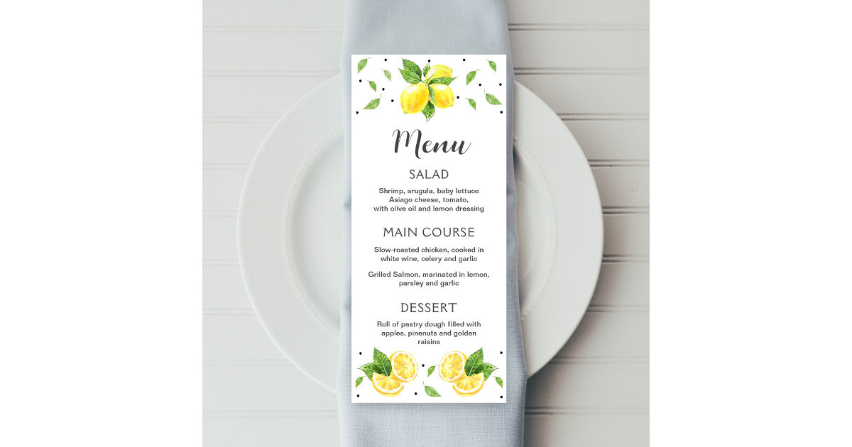 Lemon menu, editable printable menu | Zazzle