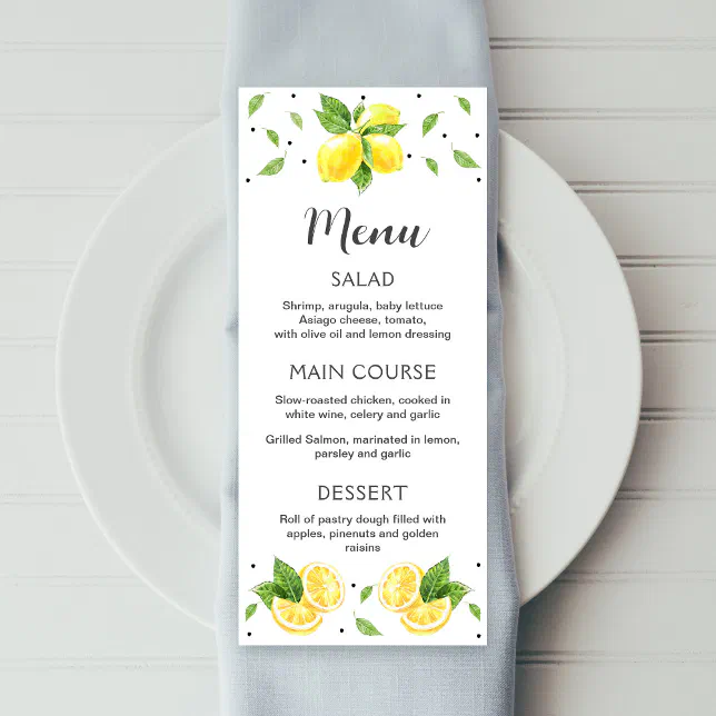 Lemon menu, editable printable menu | Zazzle