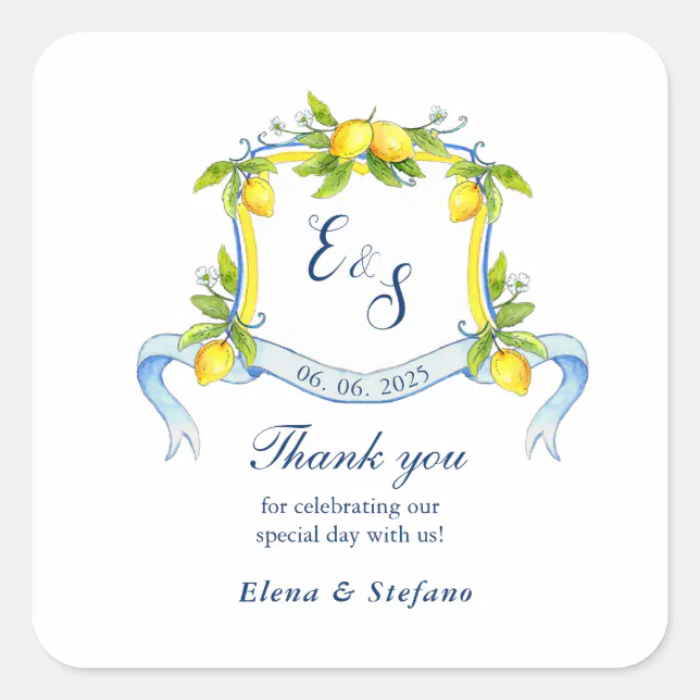 Lemon monogram Crest wedding Thank you stickers | Zazzle