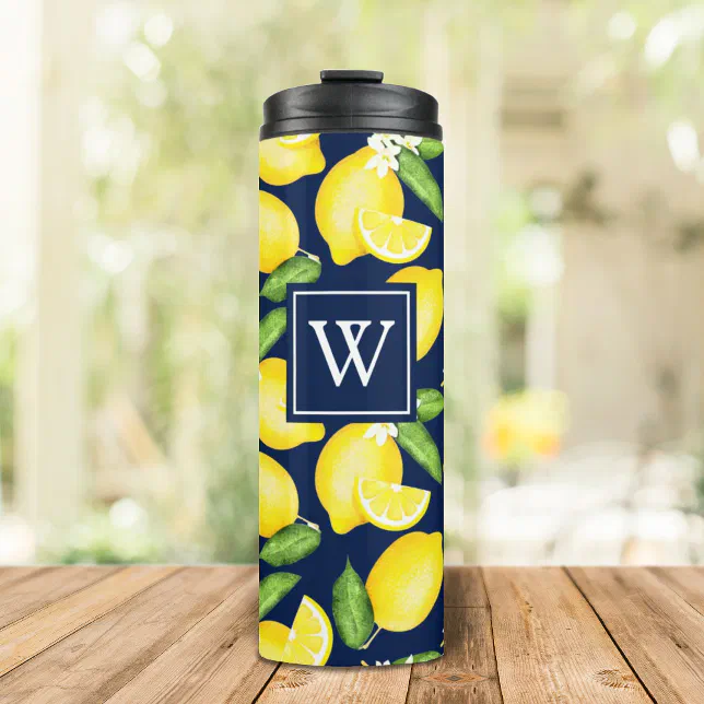 Lemon Monogram Navy Blue Thermal Tumbler | Zazzle