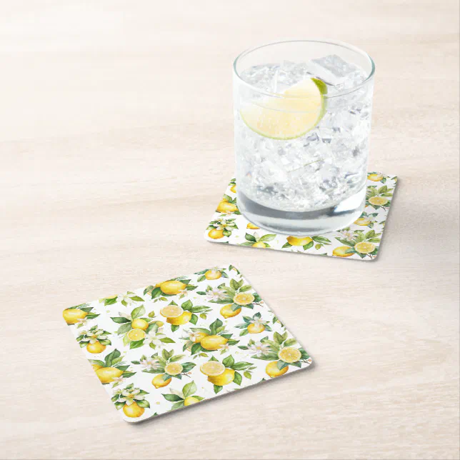 Lemon Pattern, Lemon Flowers, Leaves, Citrus Square Paper Coaster | Zazzle