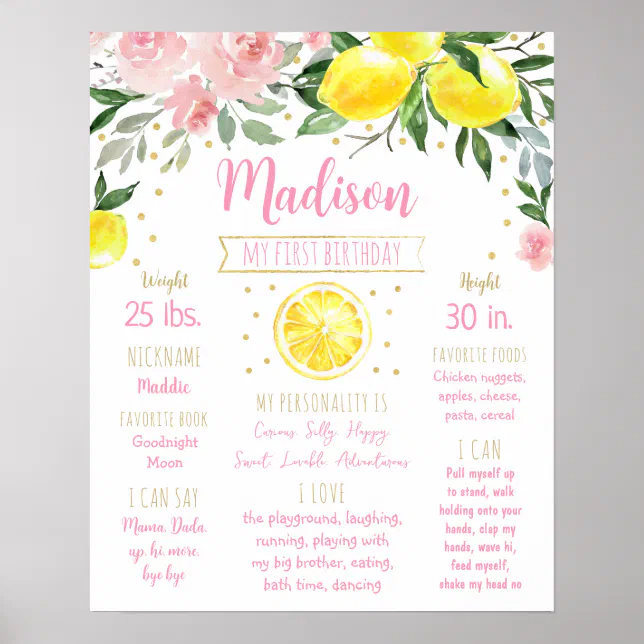 Lemon Pink Gold Floral First Birthday Milestone Poster | Zazzle