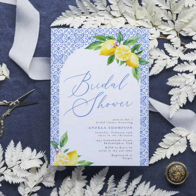 Lemon Positano Italian Blue Tile Bridal Shower Invitation | Zazzle