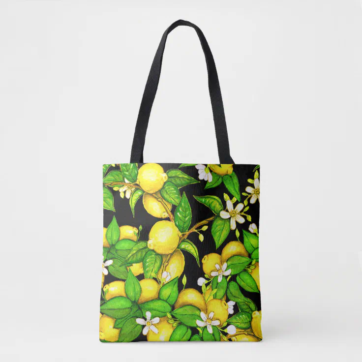 Lemon Print Handbag on black | Zazzle