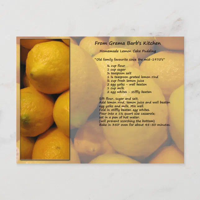 Lemon Recipe Postcard | Zazzle
