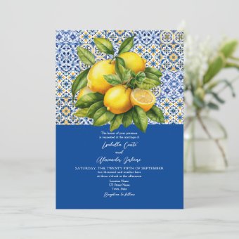Lemon Sicilian Italian Blue Wedding Invitation | Zazzle