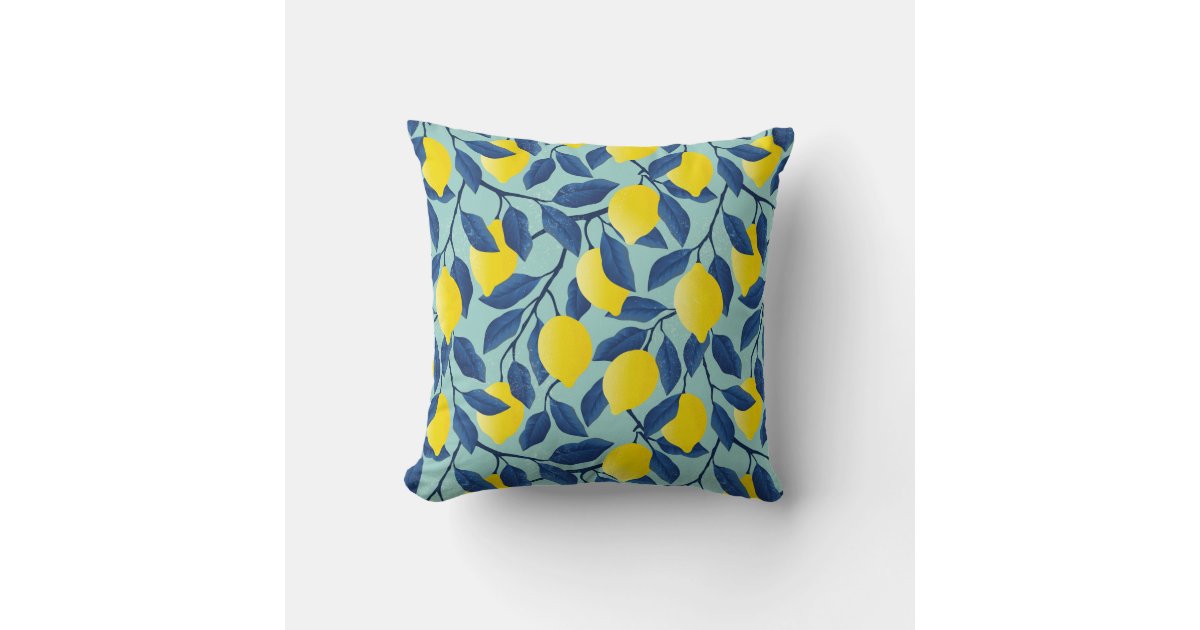 Lemon Tree Tropical Citrus Fruit Yellow Blue Throw Pillow | Zazzle