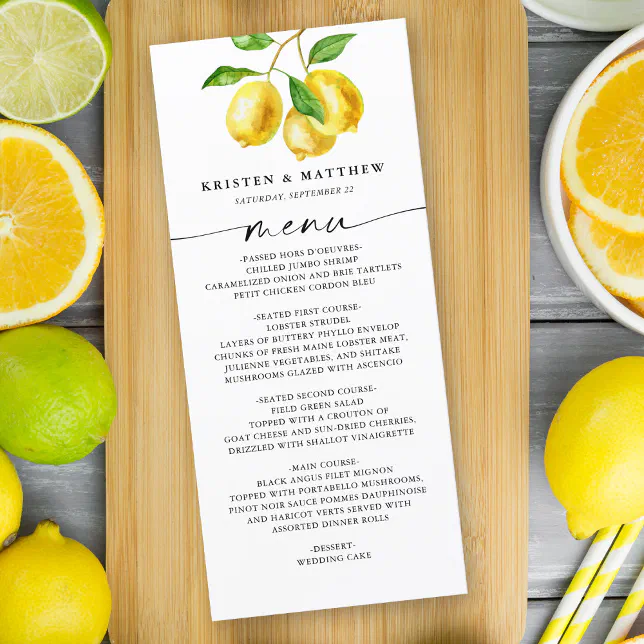 Lemon Watercolor Citrus Menu | Zazzle