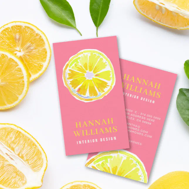 Lemon Watercolor Modern Pink Background Business Card | Zazzle