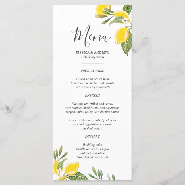 Lemon Wedding Menu Foliage Elegant Citrus Rustic | Zazzle