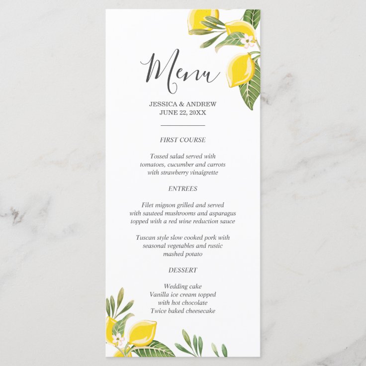 Lemon Wedding Menu Foliage Elegant Citrus Rustic | Zazzle