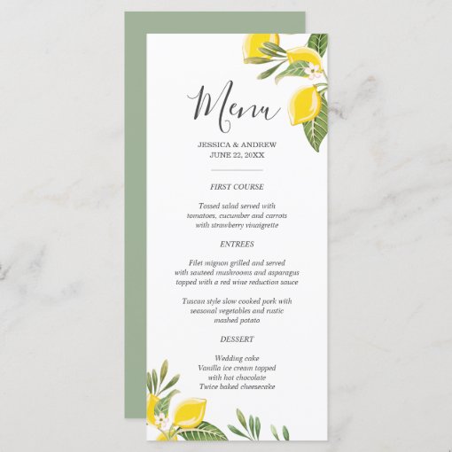 Lemon Wedding Menu Foliage Elegant Citrus Rustic | Zazzle