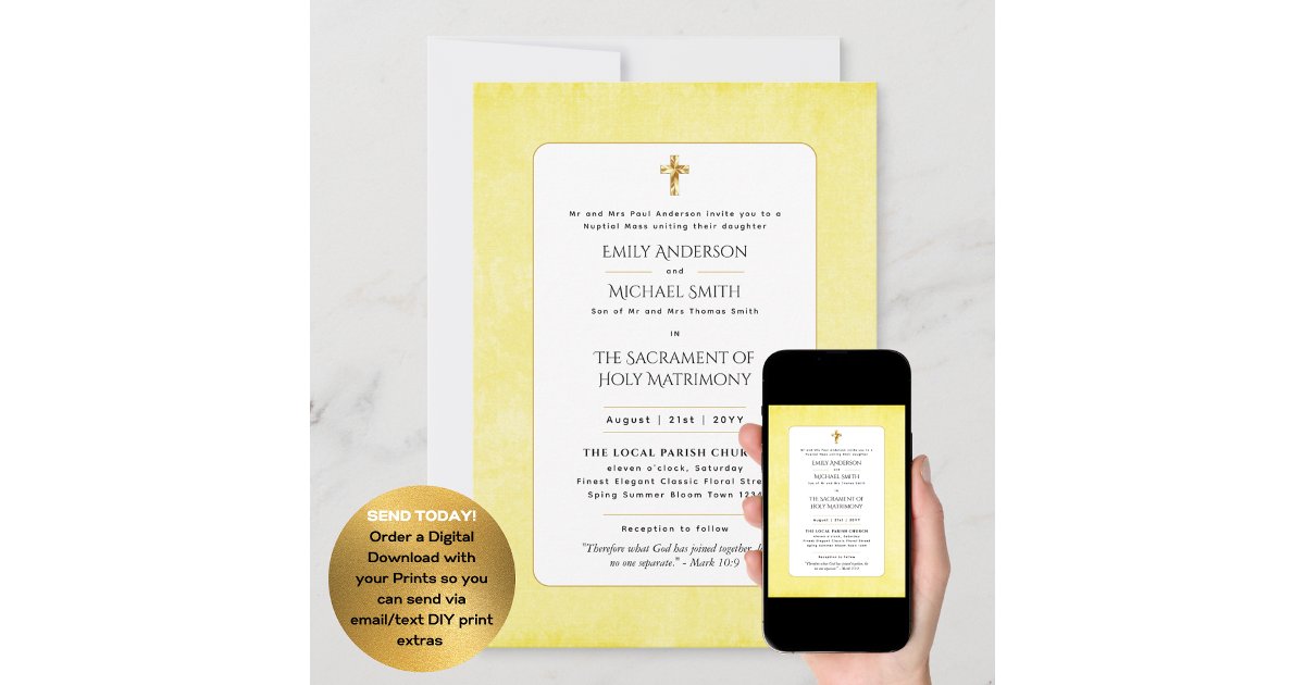 Lemon Yellow Catholic Nuptial Mass Wedding Invitation | Zazzle