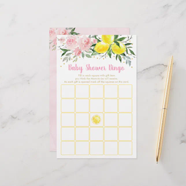 Lemonade Pink Gold Floral Baby Shower Bingo Game | Zazzle