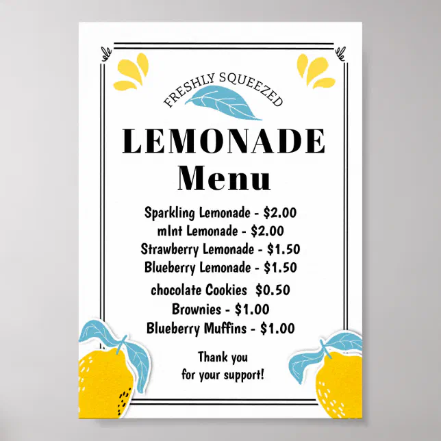 Lemonade stand Menu Poster | Zazzle
