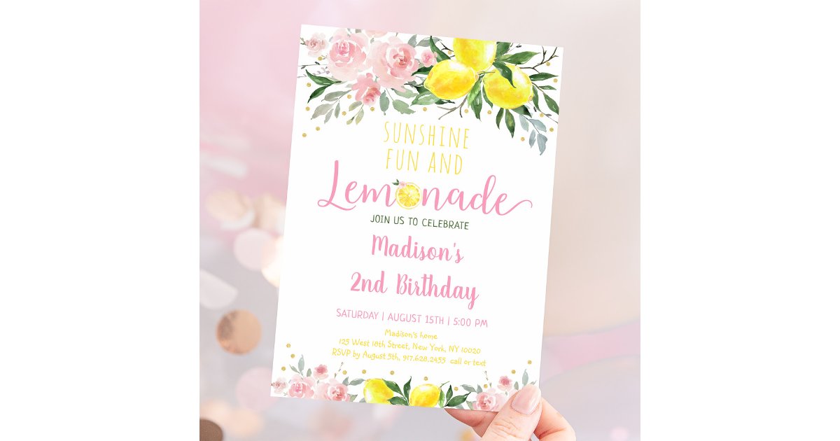 Lemonade Sunshine Pink Floral Birthday Invitation | Zazzle