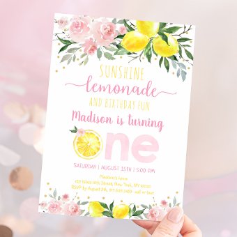 Lemonade Sunshine Pink Floral First Birthday Invitation | Zazzle
