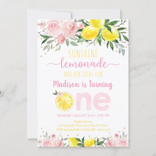 Lemonade Sunshine Pink Floral First Birthday Invitation | Zazzle