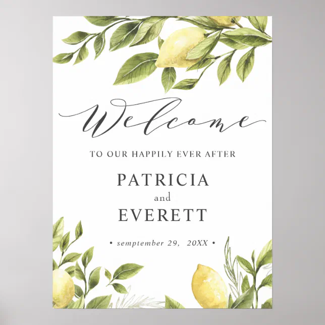 Lemons and leaves Boho Wedding Welcome Poster | Zazzle