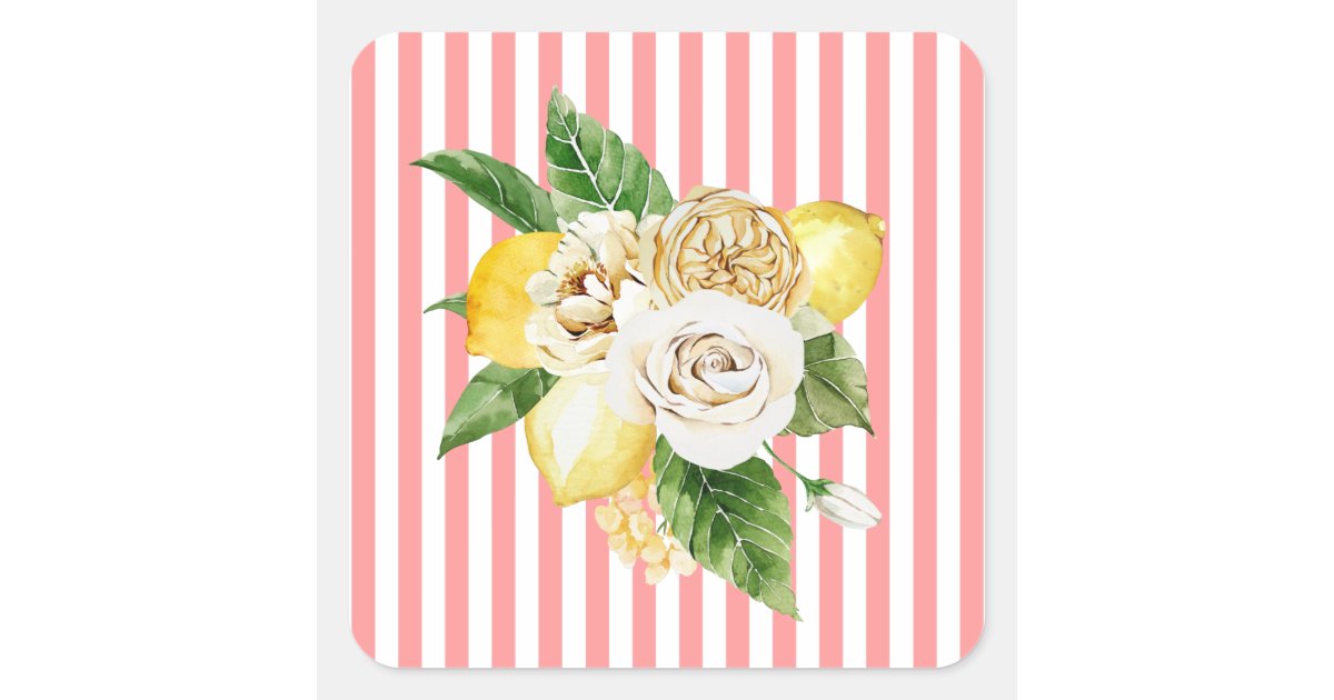 Lemons and roses on pink stripes square sticker | Zazzle