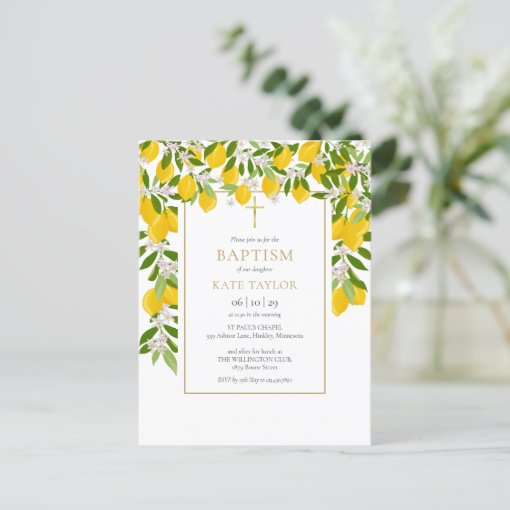 Lemons Blossom Greenery Baptism Christening Invitation Postcard | Zazzle