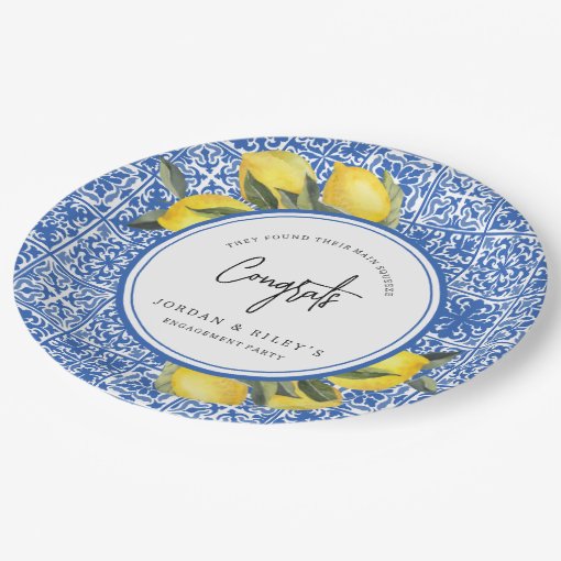 Lemons & Blue Mediterranean Tile Engagement Party Paper Plates | Zazzle