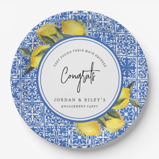 Lemons & Blue Mediterranean Tile Engagement Party Paper Plates | Zazzle