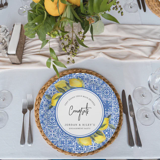 Lemons & Blue Mediterranean Tile Engagement Party Paper Plates | Zazzle