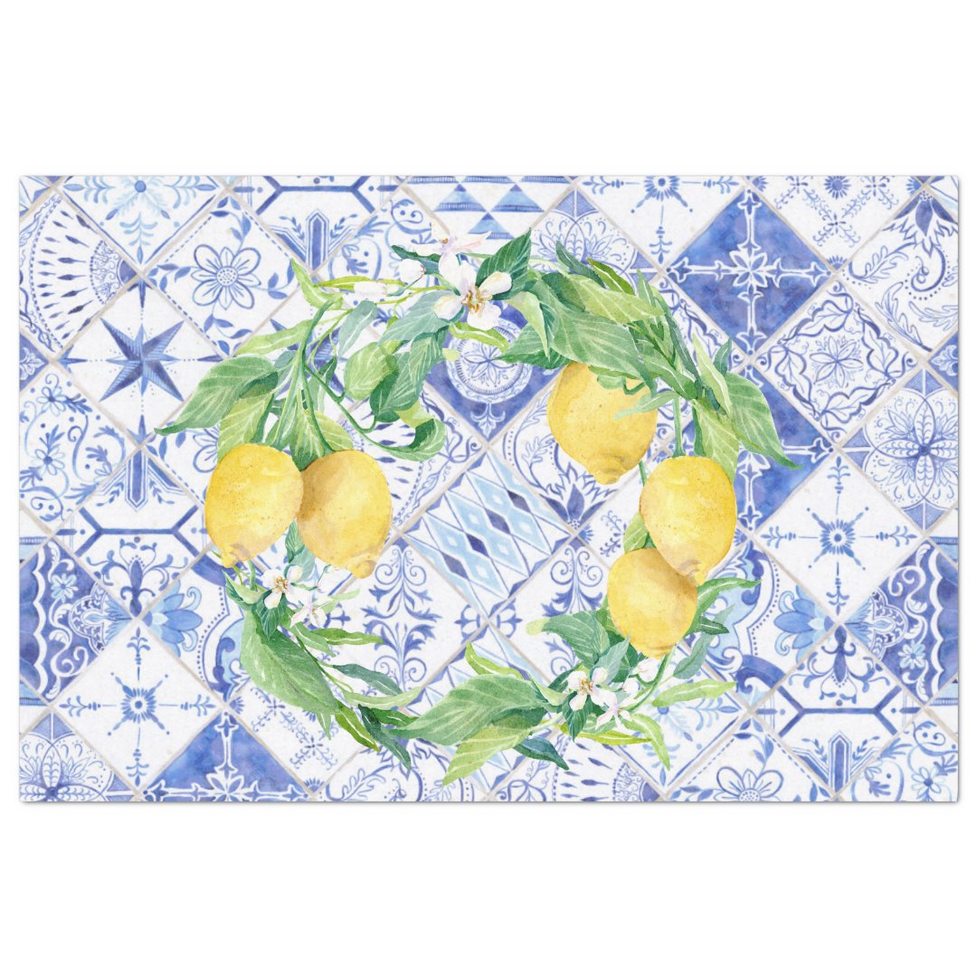 Lemons Blue White Rustic Farmhouse Tile Decoupage Tissue Paper | Zazzle