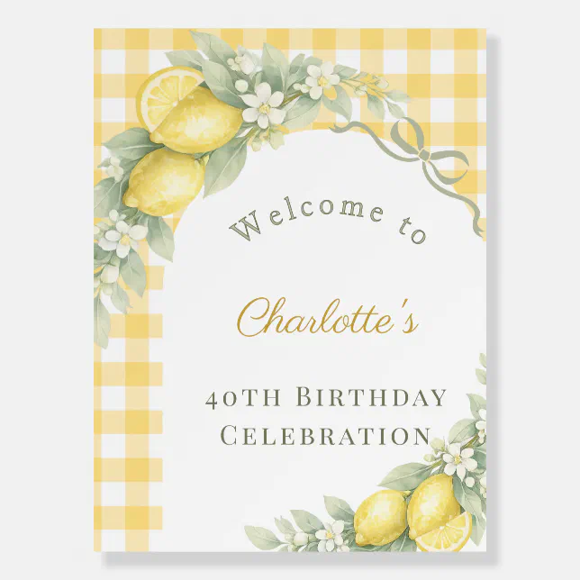 Lemons gingham bow garden birthday welcome foam board | Zazzle