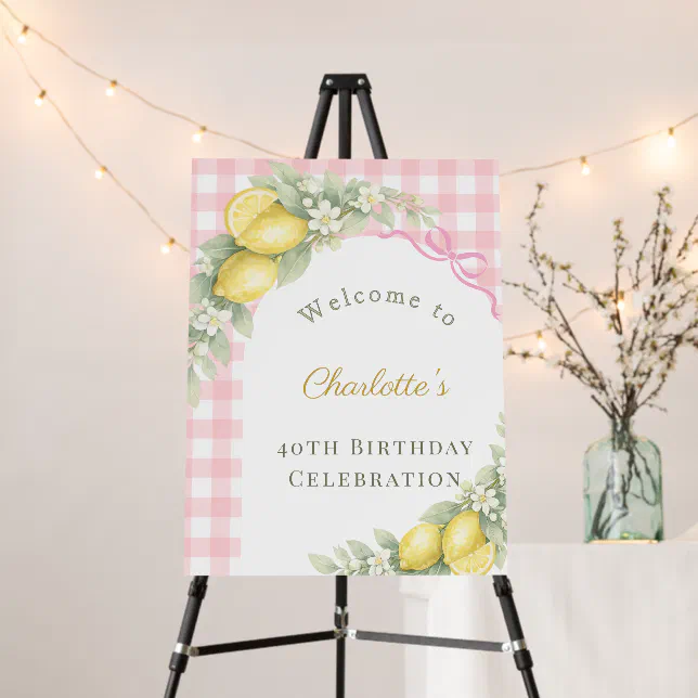 Lemons gingham pink bow garden birthday welcome foam board | Zazzle