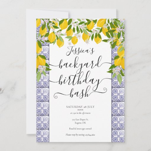 Lemons Greenery Tiles Script Birthday Party Invitation | Zazzle