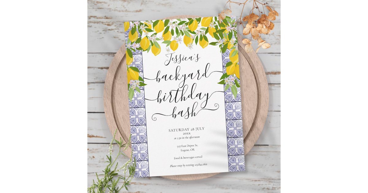 Lemons Greenery Tiles Script Birthday Party Invitation | Zazzle