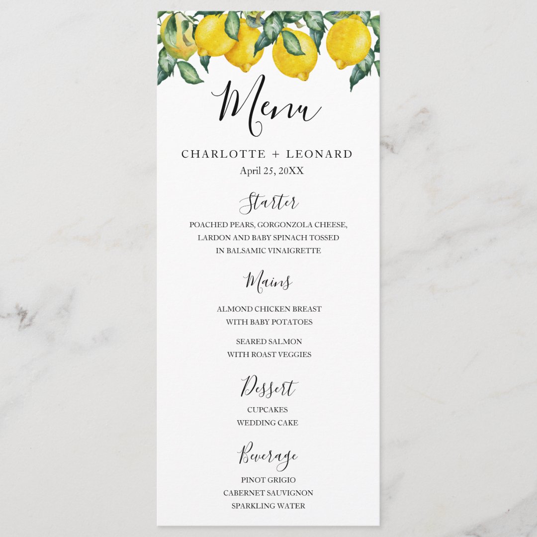 Lemons Menu template | Zazzle