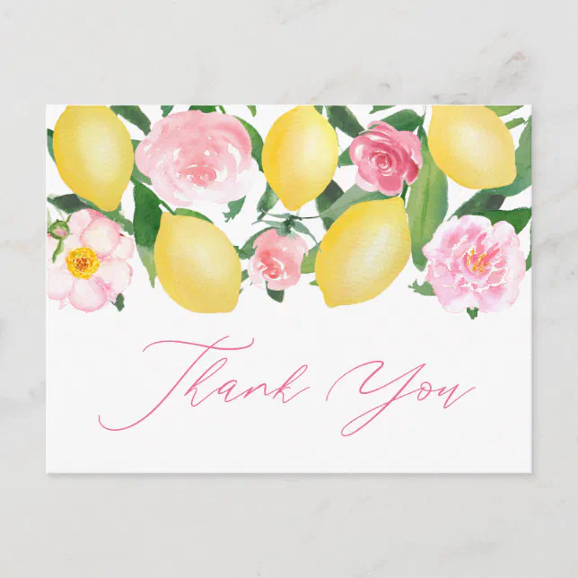 Lemons Pink Floral Calligraphy Thank You Postcard | Zazzle