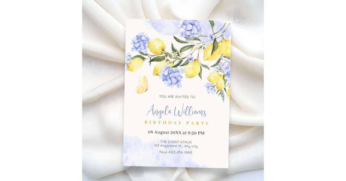 Lemons purple floral birthday invitation | Zazzle