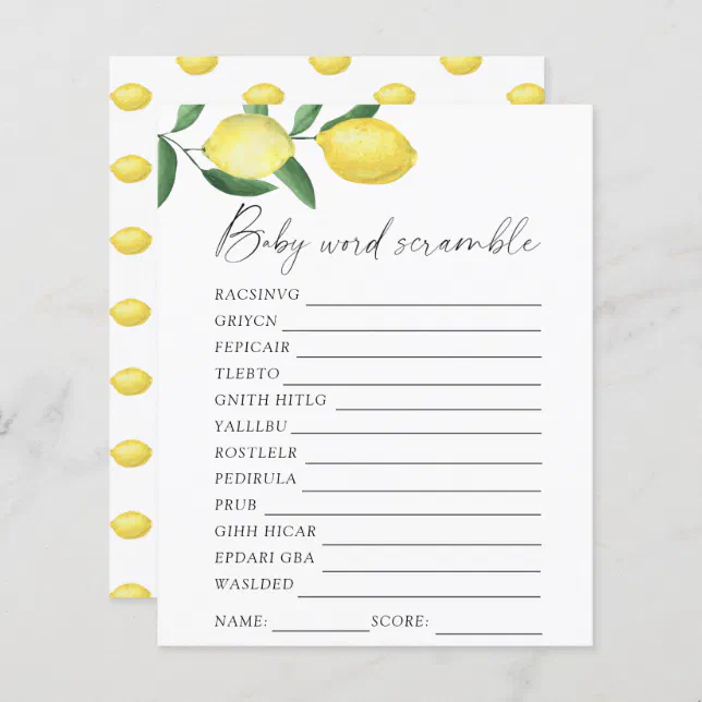Lemons - Word scramble baby shower game | Zazzle
