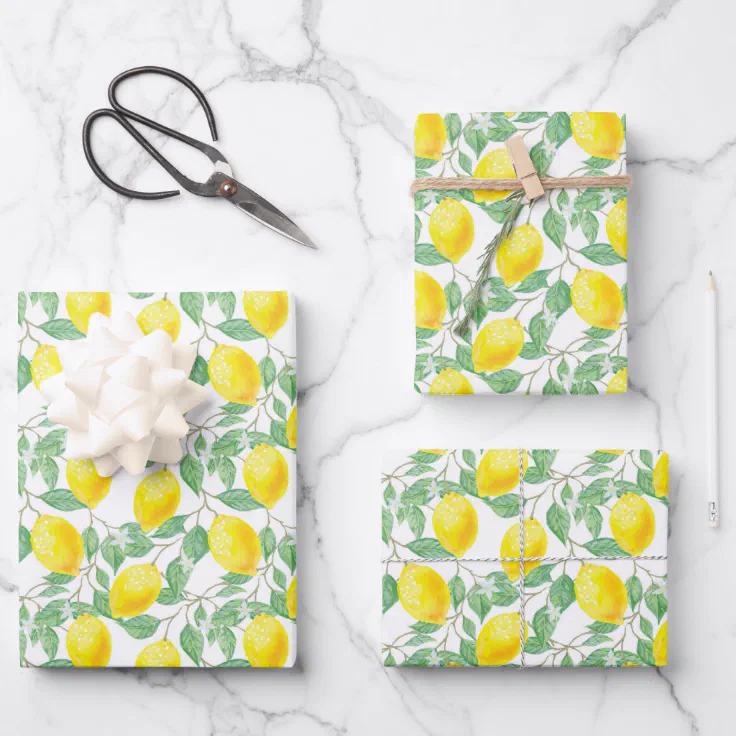 Lemons yellow white green summer pattern wrapping paper sheets | Zazzle