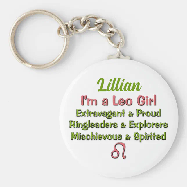 Leo Girl Pink and Green Zodiac Name Keychain | Zazzle