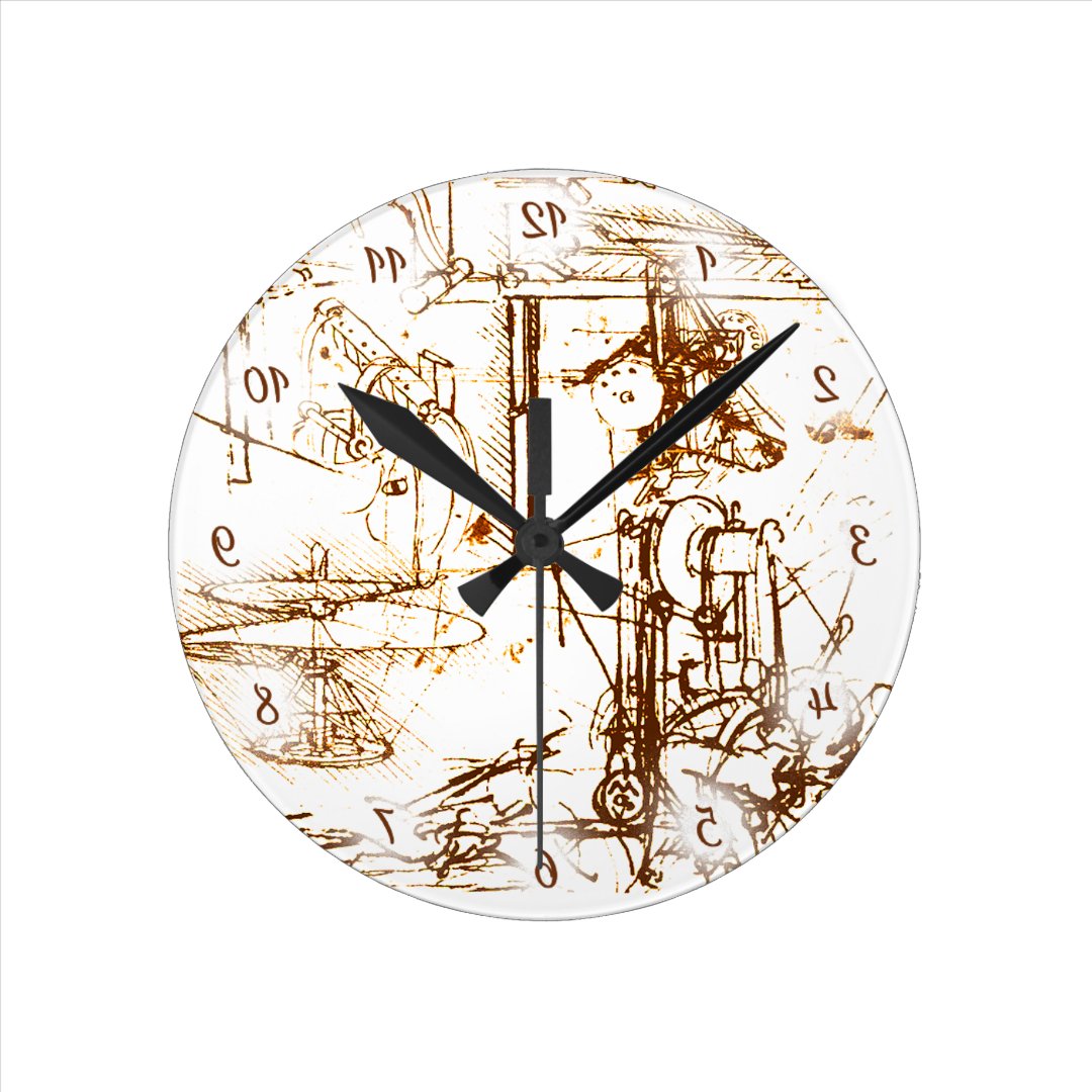 Leonardo Da Vinci sketchings with reversed numbers Round Clock | Zazzle