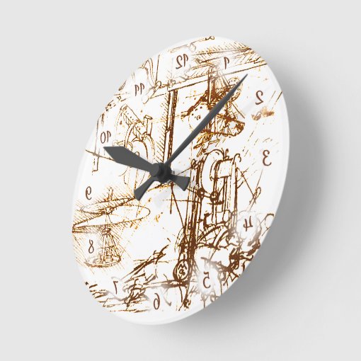 Leonardo Da Vinci sketchings with reversed numbers Round Clock | Zazzle