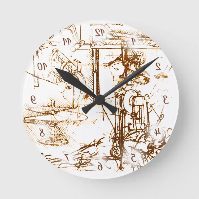Leonardo Da Vinci sketchings with reversed numbers Round Clock | Zazzle
