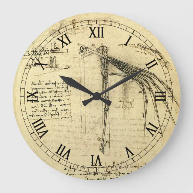 Leonardo da Vinci's Wing on Flying Machine Sketch Large Clock | Zazzle