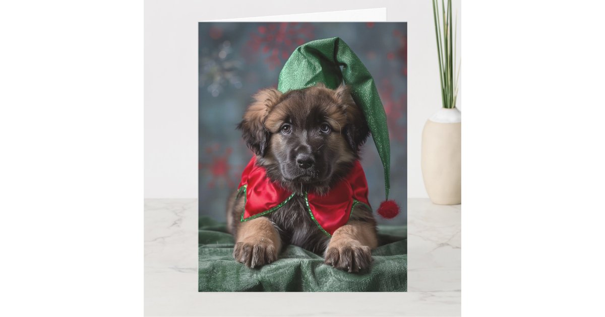 Leonberger Elf Puppy Christmas Card | Zazzle