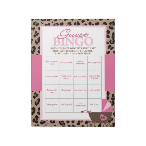 Leopard and Pink Guest Bingo Baby Shower Game Pack Notepad | Zazzle