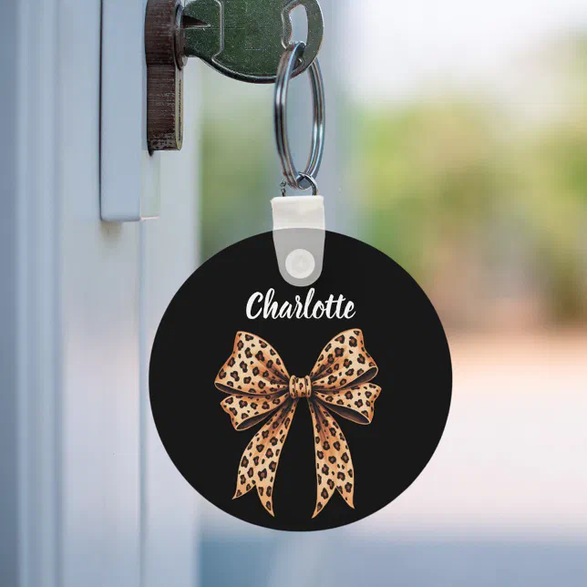 Leopard bow name keychain | Zazzle
