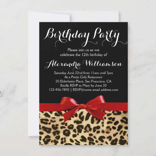 Leopard Bright Red Bow Girl's Birthday Party Invitation | Zazzle