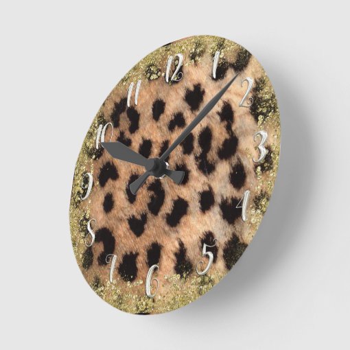 Leopard Cheetah Animal Print Gold Glitter Modern Round Clock | Zazzle